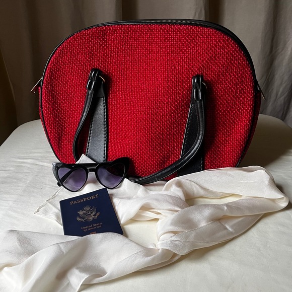 Vintage | Bags | Vintage 6s 70s Red Tweed Mod Top Handle Handbag Black ...